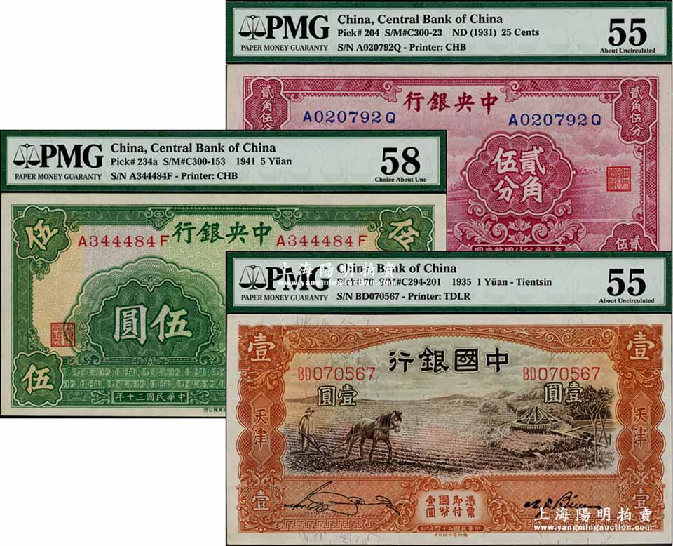 国钞3种,详分:中国银行1935年马耕地图天津壹圆;中央银行中华版至圣林贰角伍分、1941年伍圆;九八成新 钞史钩沉·中国纸币二 拍卖结果